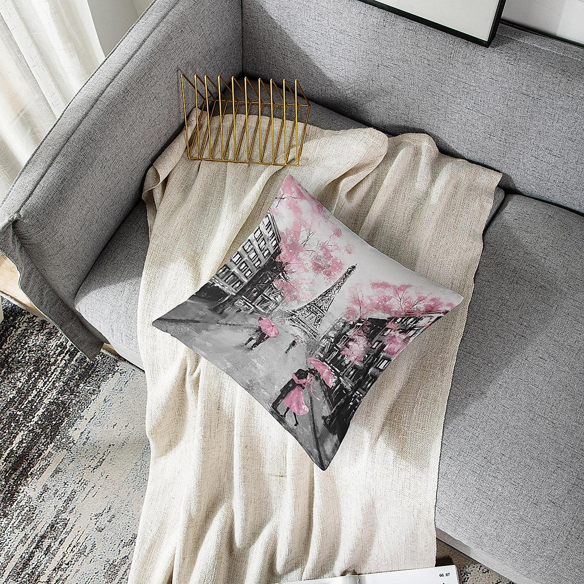 Emvency Throw Pillow Cover Oil Painting Paris European City Landscape France Eiffel Tower Black White and Pink Modern Couple Under Decorative Pillow Case Home Decor Square 18x18 Inches Pillowcase