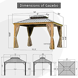 Domi Outdoor Living 10’x12’ Hardtop Gazebo, Wooden Coated Aluminum Frame Canopy with Galvanized Steel Double Roof, Outdoor Permanent Metal Pavilion with Curtains and Netting for Patio, Deck and Lawn
