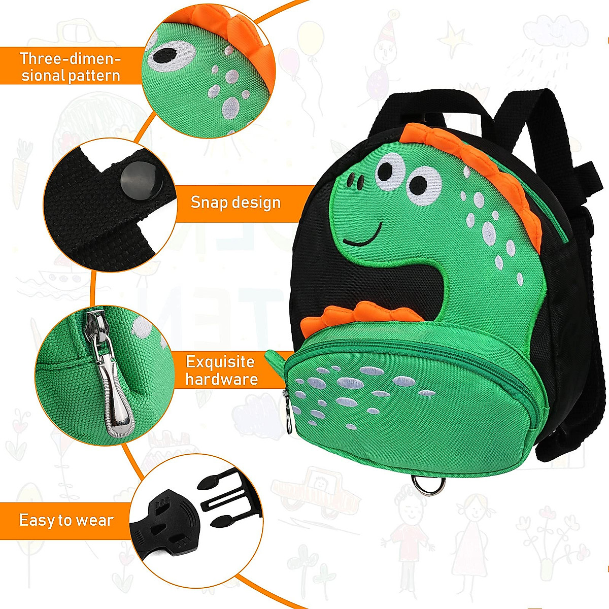 Yuepin Backpack Leash for Toddlers + Anti Lost Wrist Link, Dinosaur Kids Backpack Harness with Leash for 1-5 Years Old Boys and Girls Christmas Gift (Dinosaur Black)