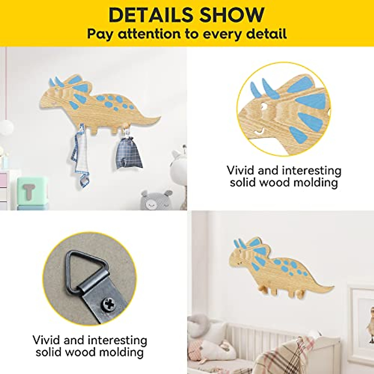 Jfbav Decorative Wood Wall Hooks - Cute Animal Dinosaur Wall Hooks for Hats, Clothes, Keys, Handkerchiefs, Jackets and More