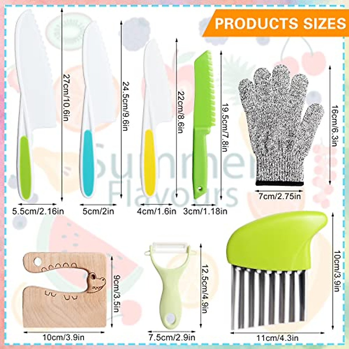 8 Pieces Kids Knife Set，Wooden Kids Kitchen Knives Set include 4 Plastic Toddler Safe Knives/Crinkle Cutter/Kids Cutting Board/Y-Peeler/Resistant Gloves for Cutting Veggies Fruit Cake Salad Bread