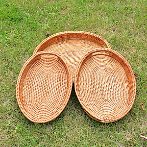 3 Pack Handmade Oval Woven Basket Tray, 15 Inch Rattan Storage Baskets with Handles and 2 Inch Raised Side, Decorative Wicker Organizer Tray for Table Serving, Bread, Fruit, Catch All Dish, S, M, L