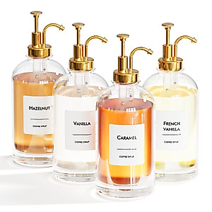 Coffee Syrup Dispenser Set- 4 Glass Bottles with Gold Pumper and Syrup Labels - Precise Dispensing and Stylish Addition to Coffee Shop, Cafe or Home Bar
