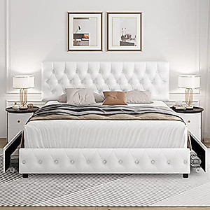 Keyluv Modern Upholstered Bed Frame with 4 Drawers, Button Tufted Headboard Design, Solid Wooden Slat Support, Easy Assembly, Queen Size, White
