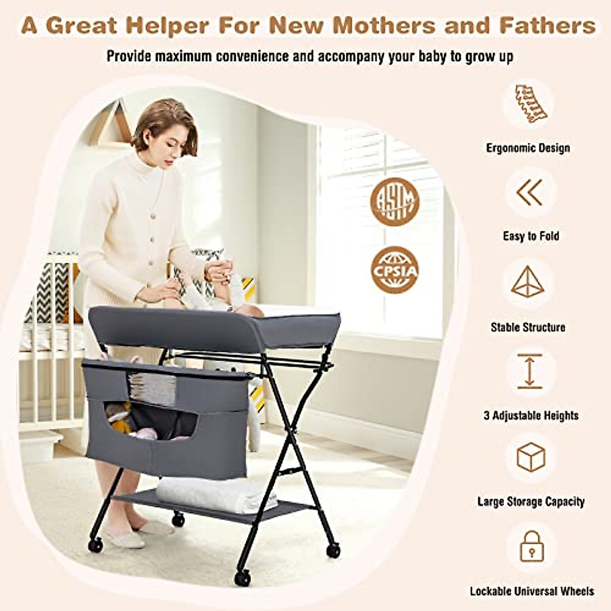 HONEY JOY Changing Table, Folding Mobile Nursery Organizer w/Wheels, Adjustable Height, Storage Bag & Open Shelf, Portable Diaper Changing Station for Newborn (Gray, 31.5"x26"x40")