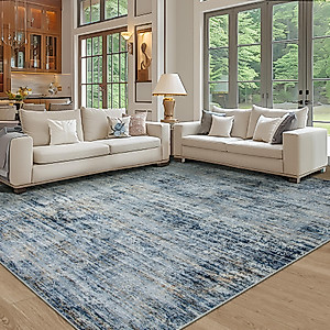 Area Rugs 8x10 Living Room Rugs: Large Modern Abstract Washable Rug with Non-Slip Backing, Thin Carpet for Dining Room Table Bedroom Nursery Indoor Home Office-Blue