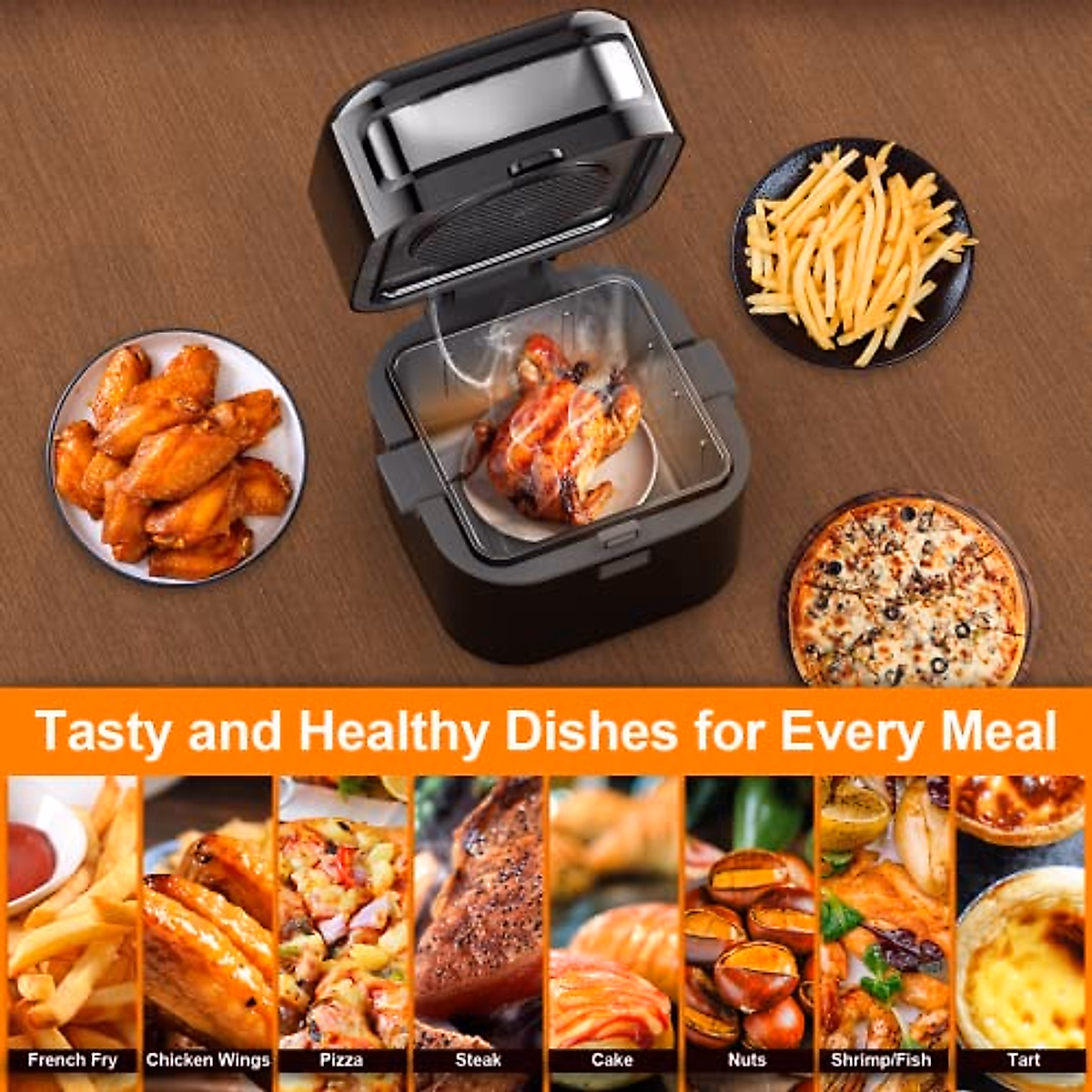 WETIE Air Fryer, 7 QT Airfryer Oilless Cooker, 1400W Hot Air Fryers with Visible Window, Non-stick Basket, Temperature & Time Knob, Suitable for Families of 4 to 8, Black