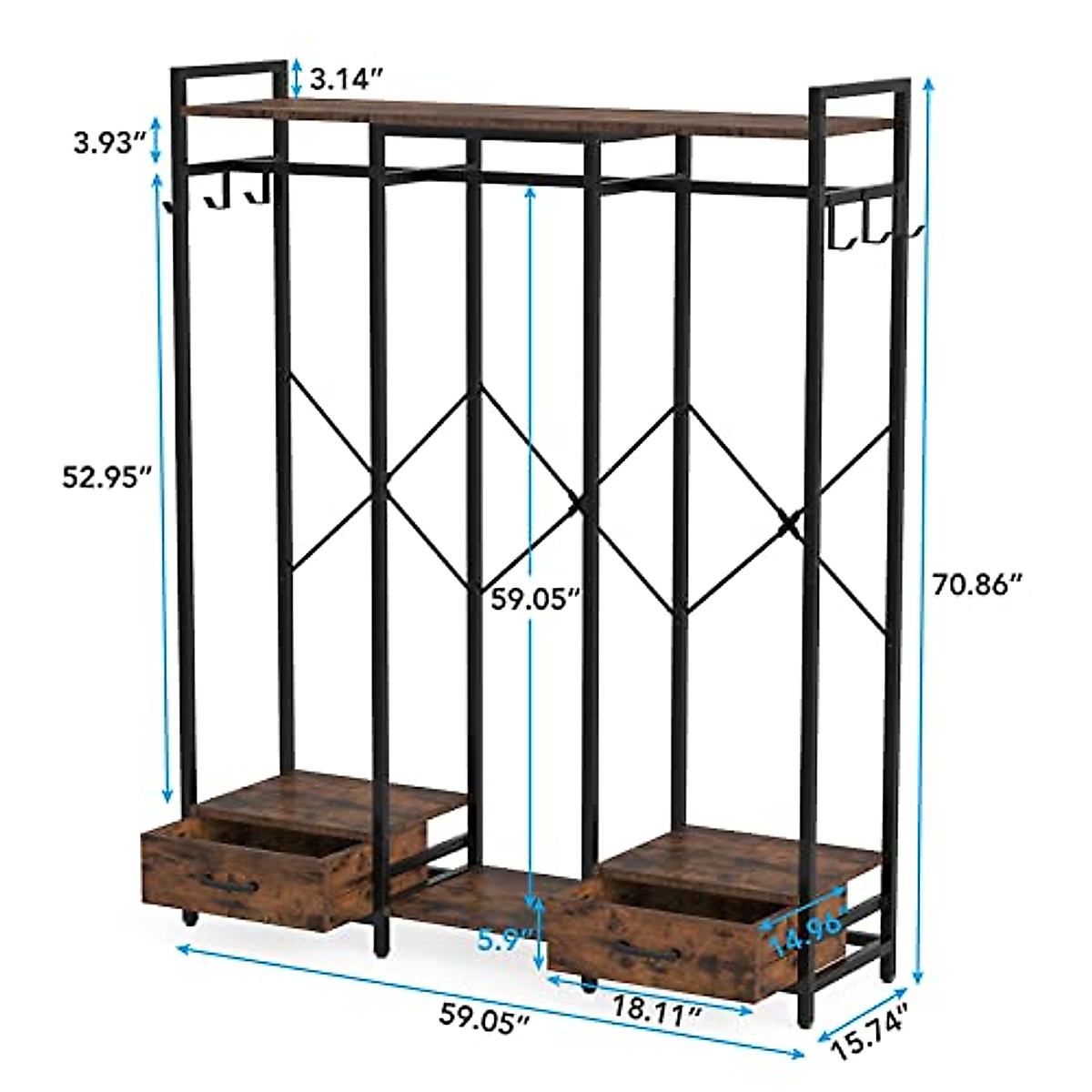 Tribesigns Clothes Rack with 2 Drawers, Freestanding Closet Organizer Garment Rack with Storage Shelves Hanging Rods and Hooks, Large Open Wardrobe Closet Clothing Rack for Bedroom