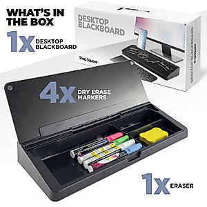 Desktop Dry Erase Board - Glass Erase Board - Black Desk Computer Buddy – Home Office & Studying Essentials - Phone & Tablet Slot, Storage Compartment - Includes 4 Markers, 1 Eraser.
