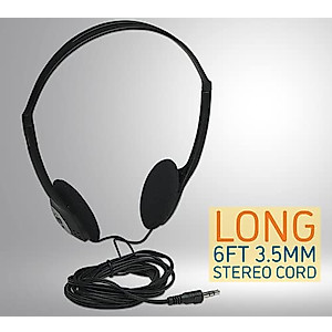 Manhattan On-Ear Wired Stereo Headphones - Long 6ft Cable, Single 3.5mm Wire Plug, Lightweight, Retro Vintage Style, Adjustable Headband –for Walkman, CD Player, Computer -3 Yr Mfg Warranty - 177481