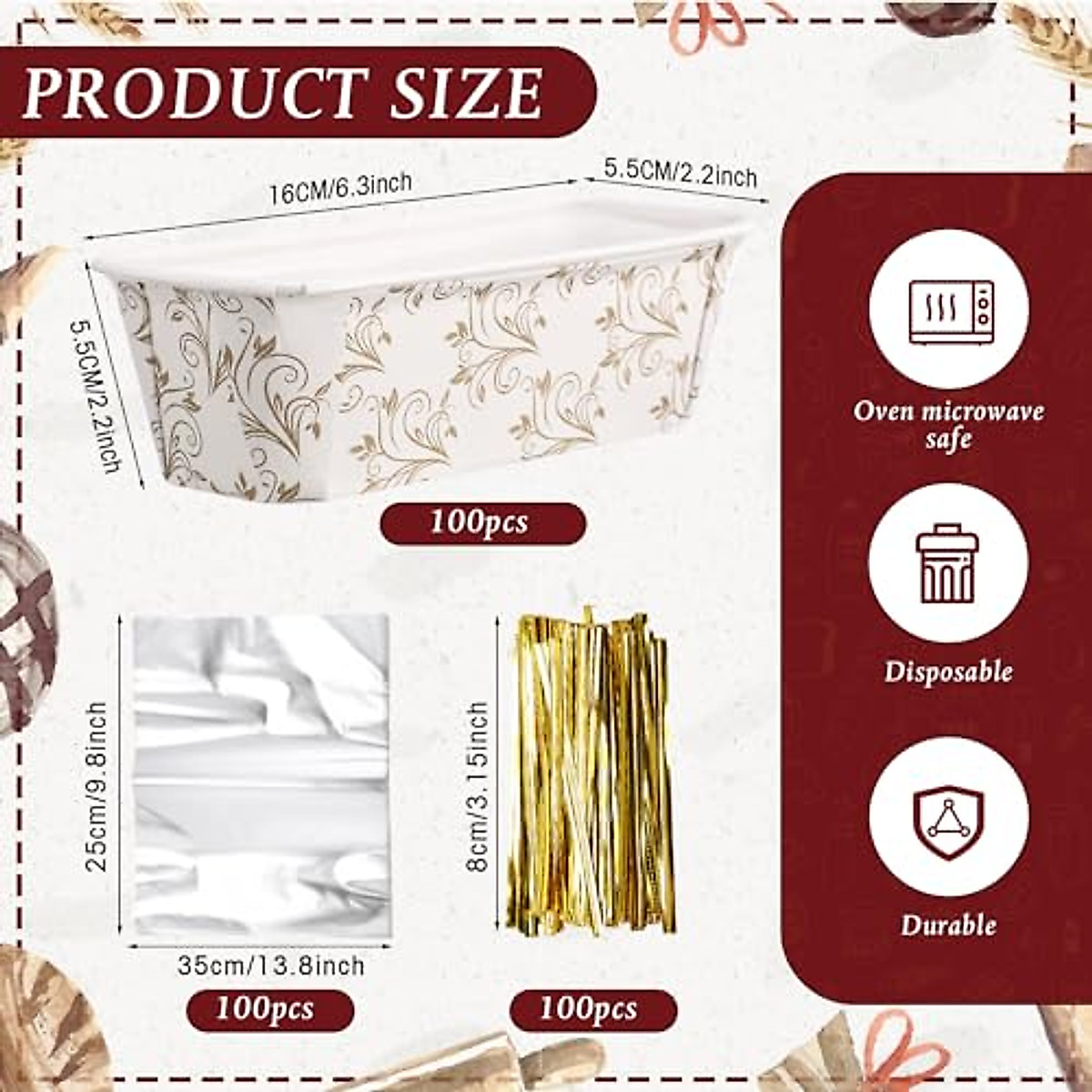 Maxcheck 100 Pcs Paper Loaf Pans 6.3 x 2.2 x 2.2 Inch Disposable Loaf Pan Liners with Clear Plastic Bags and Ties Paper Rectangle Baking Mold for Bread Cake Bakery(White, Coffee)