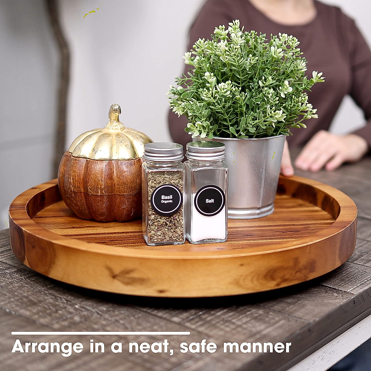 RABAHA 13" Acacia Lazy Susan Organizer for Table - Wooden Lazy Susan Organizer for Cabinet - Kitchen Turntable Storage Food Bins Container for Pantry, Counter top (Acacia Wood )