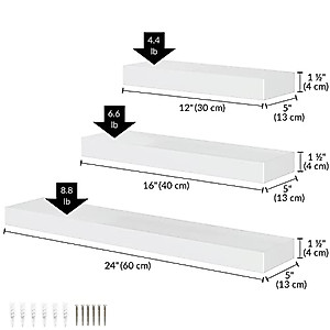 Ballucci Modern Floating Shelves for Wall, Set of 3 Wood Wall Mount Ledges for Living Room, Bedroom, Nursery, Bathroom, Kitchen, 12", 16", 24" - White