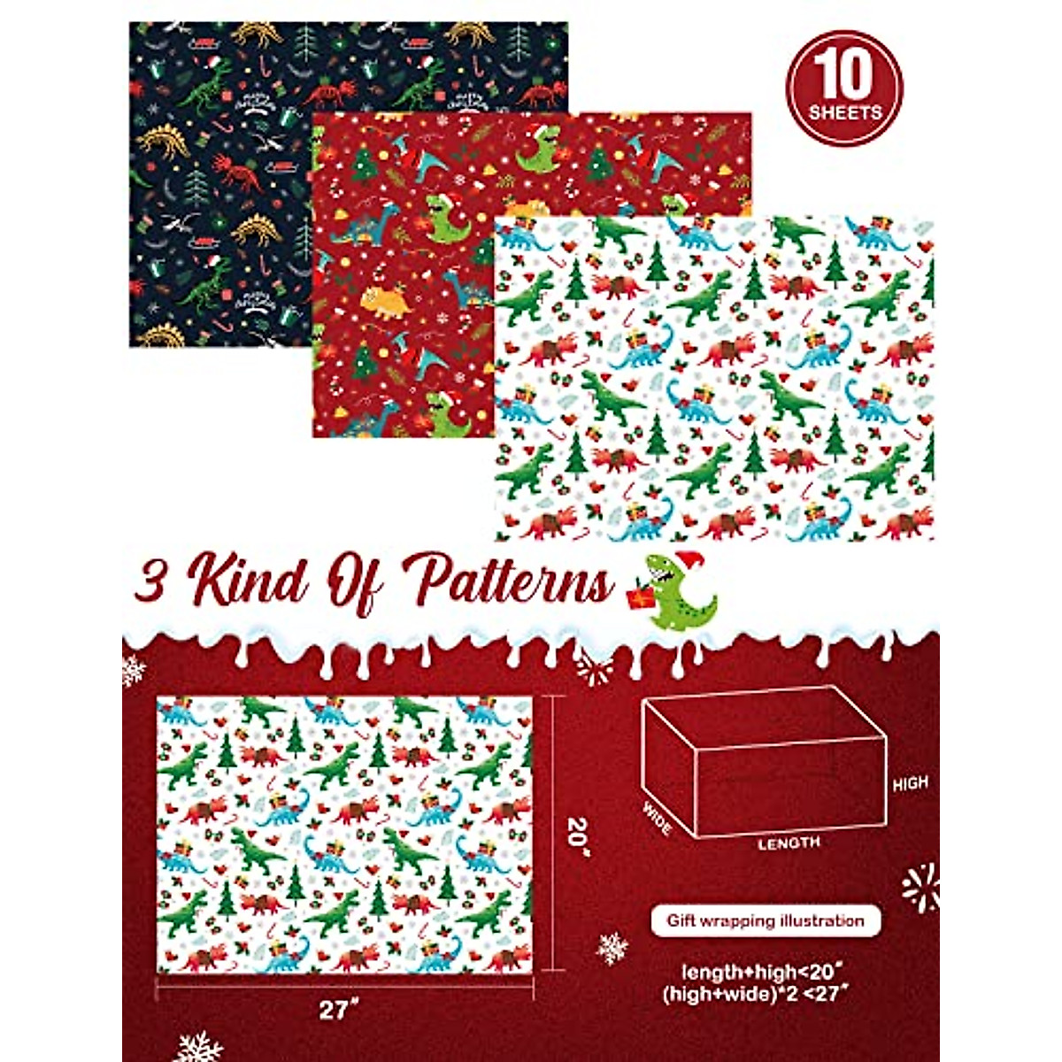 Christmas Dinosaur Wrapping Paper - 10 Sheets 20" x 27" Boys Dinosaur Wrapping Paper Kids Christmas Wrapping Paper Flat Fold Holiday Wrapping Paper Xmas Dinosaur Gift Wrap Birthday Wrapping Paper