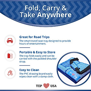 Car Seat Kids Travel Tray - Toddler Lap Activity Table Includes Dry Erase Board, Dry Erase Markers, Coloring Book & Secure Tablet Cover - Comfort Car Tray Base, Foldable with Easy to Carry Strap