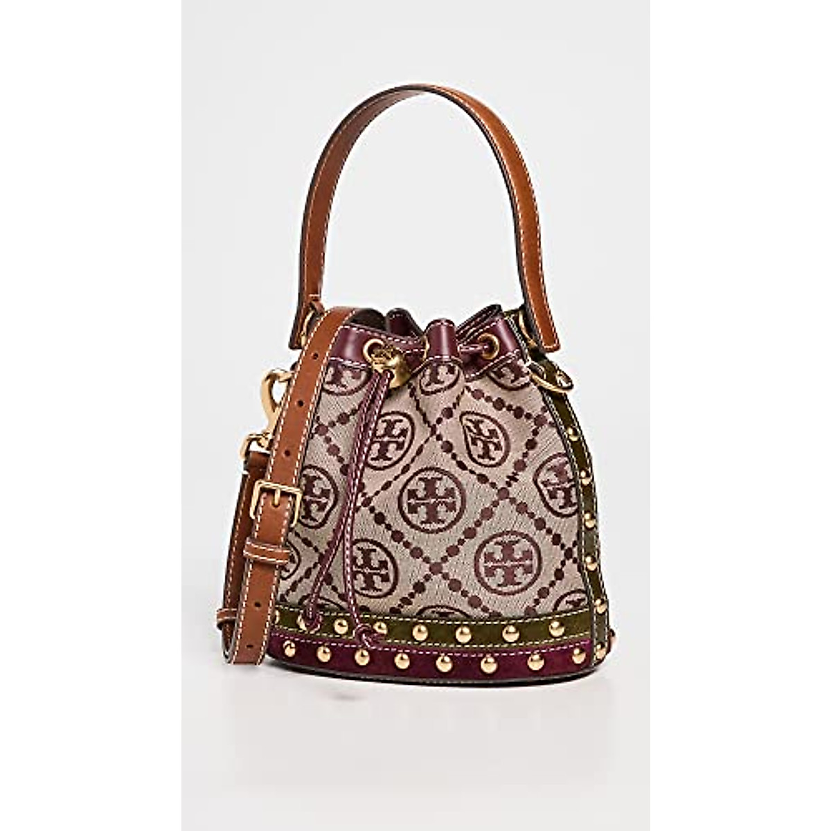 Tory Burch Women's T Monogram Jacquard Studded Bucket Bag, Claret, Red, Print, One Size
