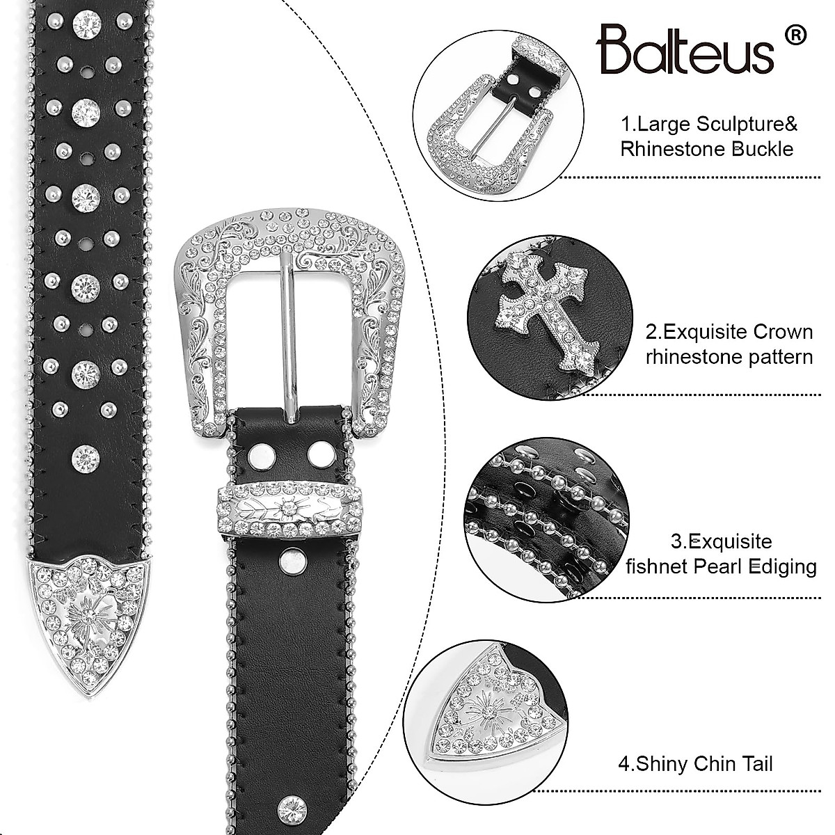 Women Men Rhinestone Belt,Fashion Western Cowgirl Cowboy Bling Studded Cross Leather Belt Diamond Belt for Jeans Dress,Black,S,