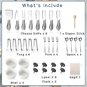 38 Pcs Charcuterie Board Accessories Utensils Include Cheese Knife Set Charcuterie Bowls Cheese Markers Serving Tongs Spoons and Forks Honey Dipper for Butter Cheese and Pastry Making (Silver)