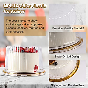 NPLUX 10 Inch Plastic Cake Carriers Gold Cake Containers with Lid and White Cake Boards, Clear Cupcake Holder for 1-2 Layer Cheesecake, Bundt Cake Pie Bakery Supplies (5 Pack)