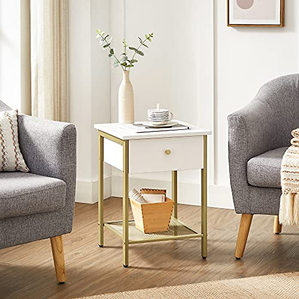 VASAGLE White Nightstand with Drawer, Bedside Table, End Table with Open Shelf, Modern Style for Bedroom, White and Gold ULET512A10
