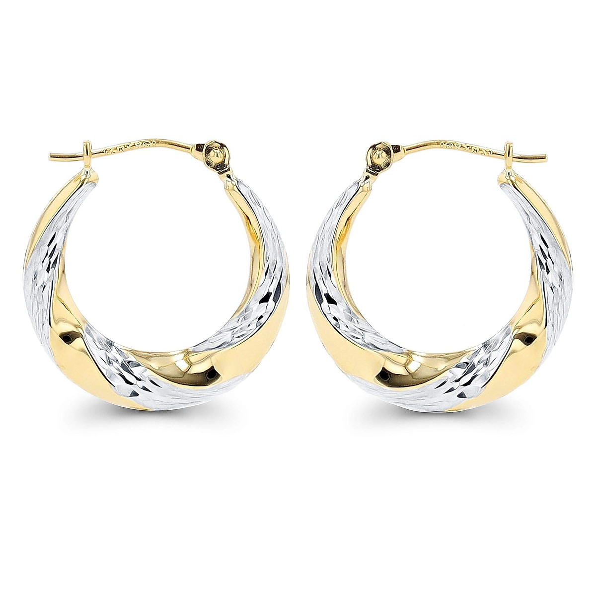 14K Yellow and White Gold Diamond Cut & Polished Twisted Hoop Earrings For Women | 4x20mm Hoops | Earrings For Sensitive Ears | Solid Gold Two Tone Hoops For Women