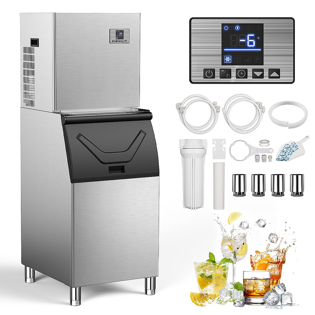 Commercial 550Lbs/24H Ice Maker Machine,Ice Ready in 5-15 min,360Lbs Large Storage,1033W Stainless Steel Electric Nugget Ice Machine with Water line Hook up,12 Steps Ice Thicknesses Adjustable