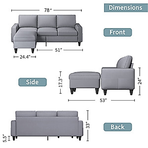 Lonkwa Convertible L-Shaped Sectional Sofa with Reversible Ottoman, 3-Seat Gray Couch for Living Rooms, Apartments, Offices, Small Spaces