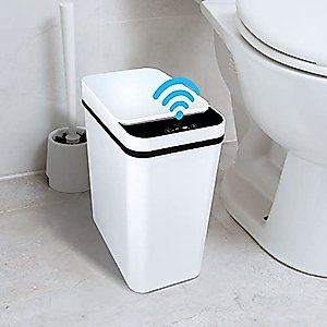 BIGEBAN Touchless Bathroom Trash Can with Lid, 2.5 Gallon Slim Smart Garbage Can, Automatic Motion Sensor Trash Can for Bathroom, Kitchen, Office, Bedroom, Living Room, Toilet (White)
