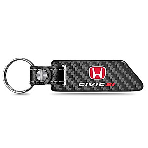 iPick Image for - Honda Civic Si Red Logo Real Carbon Fiber Blade Style with Black Leather Strap Key Chain