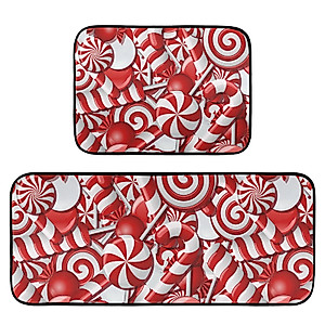 CUPADA Christmas Sweets Kitchen Rugs and Mats 2 Pcs, Candy Canes Non-Slip Floor Runner Mat for Living Room Bedroom Dorm Hallyway Home Decor 19.7"x27.6"+19.7"x47.2"