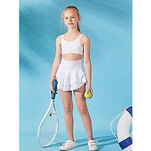 Soudittur Girls Tennis Skirt with Shorts Kids Golf Clothes High Waisted Toddler Athletic Skort with Pockets (L, White)