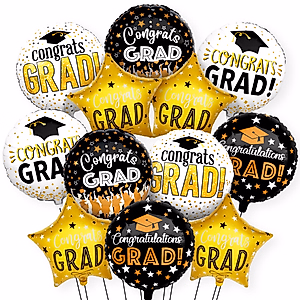 KatchOn, Congrats Grad Balloon Set - Big, 18 Inch, Pack of 12 | Congrats Grad Balloons, 2024 Graduation Party Decorations | Black and Gold Graduation Balloons, Graduation Decorations Class of 2024