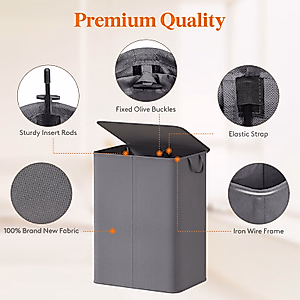 Lifewit 120L Laundry Basket with Lid, Large Double Laundry Hamper 2 Section Dirty Clothes Hamper for Bedroom with 2 Removable Laundry Bags, Grey