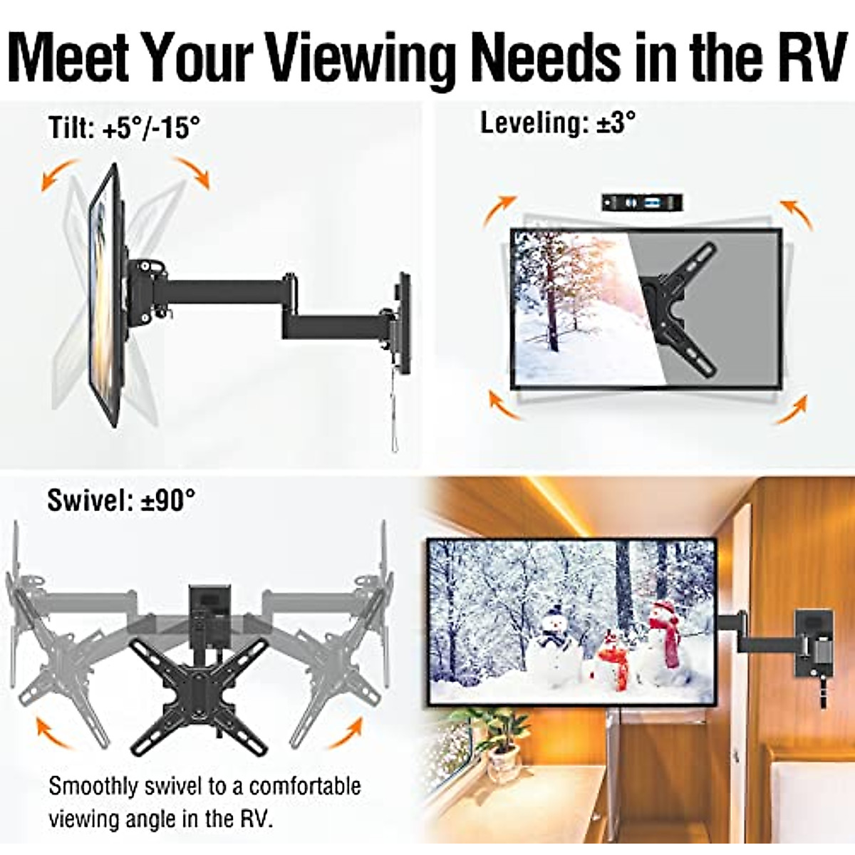 ELIVED Lockable RV TV Mount for Most 13-43 Inch TVs, RV TV Wall Mount Swivel and Tilt for Camper Trailer Motorhome, Detachable TV Bracket with Double Wall Plates, Max VESA 200x200mm, up to 22LBS