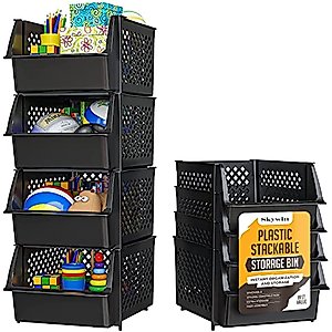 Skywin Plastic Stackable Storage Bins for Pantry - 4-Pack Black Stackable Bins For Organizing Food, Kitchen, and Bathroom Essentials
