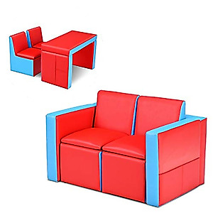 Costzon Kids Couch, 2 in 1 Double Seat Children's Sofa Convert to Table and Two Chairs for School, Storage Space, PVC Surface, Large Soft Kids Preschool Sofa Couch for Boys Girls Gifts (Red)