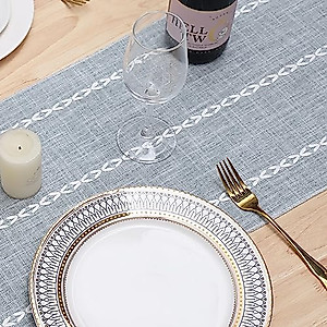 Fixwal 72 Inches Linen Table Runner, Rustic Tassel Embroidered Table Runner, Boho Farmhouse Style Braided Table Decoration for Wedding, Party, Picnic and Birthday (Dusty Blue)