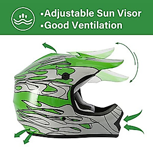 TCT-MOTORPARTS DOT Motorcycle Four Wheeler Riding Racing Helmet Youth Kids Motocross ATV Helmets Offroad Street Dirt Bike Go-Kart BMX MX Full Face Helmet Green Flame Medium Size