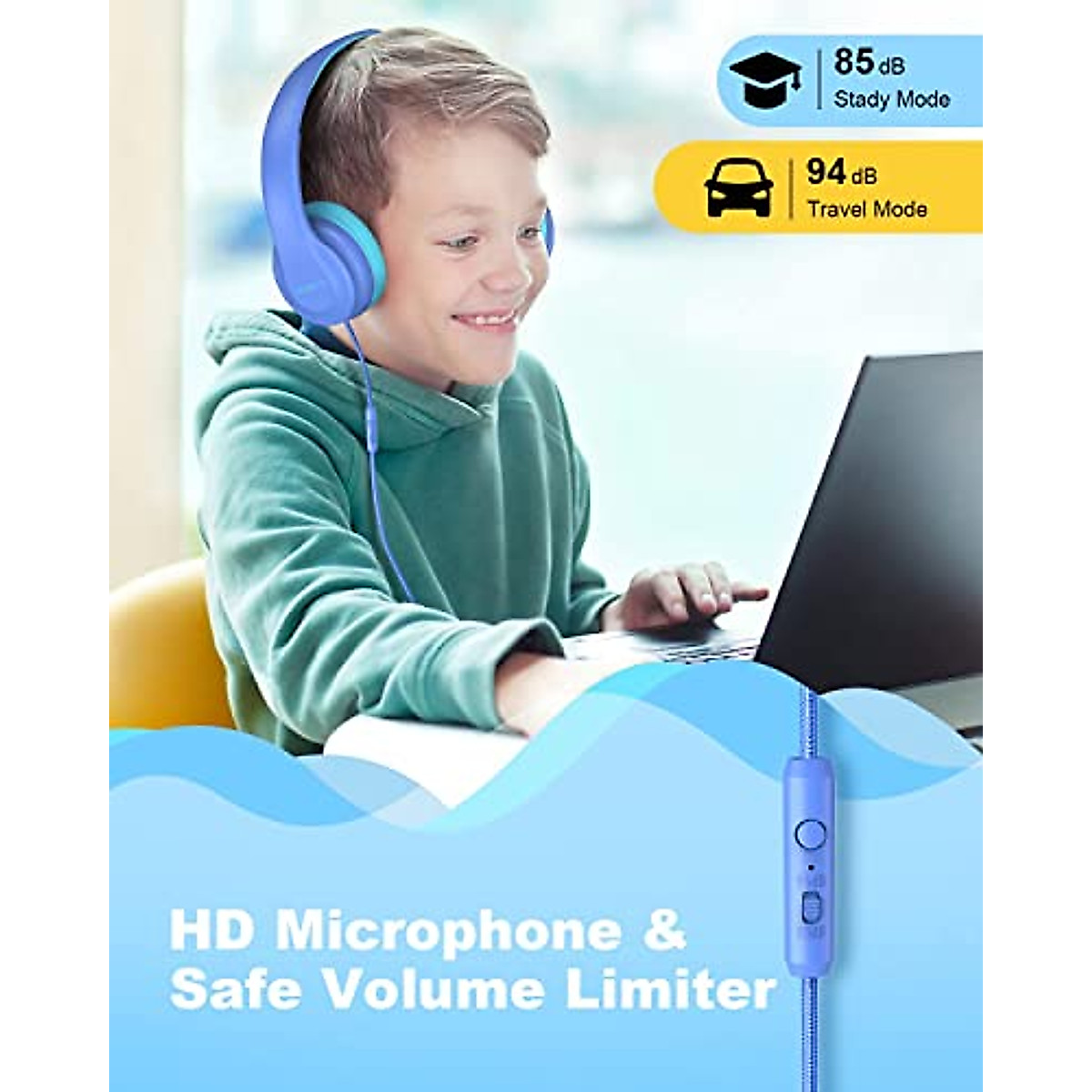 NIVAVA K15 Foldable Wired Headphones with Microphone for School Kids with Share Port 85dB/94dB Safe Volume Limit, Boys Girls for Travel Plane Tablet Kindle
