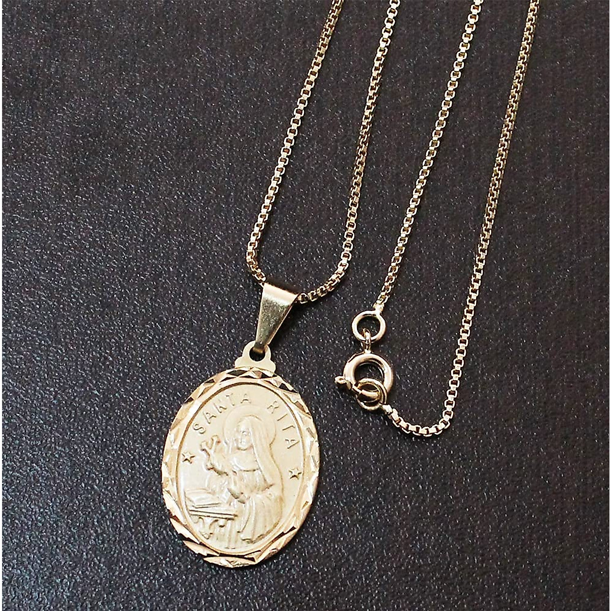 Tudo Jóias Unissex 18k gold plated Saint Rita medal Pendant with Box Necklace 23.6 inches Made in Brazil