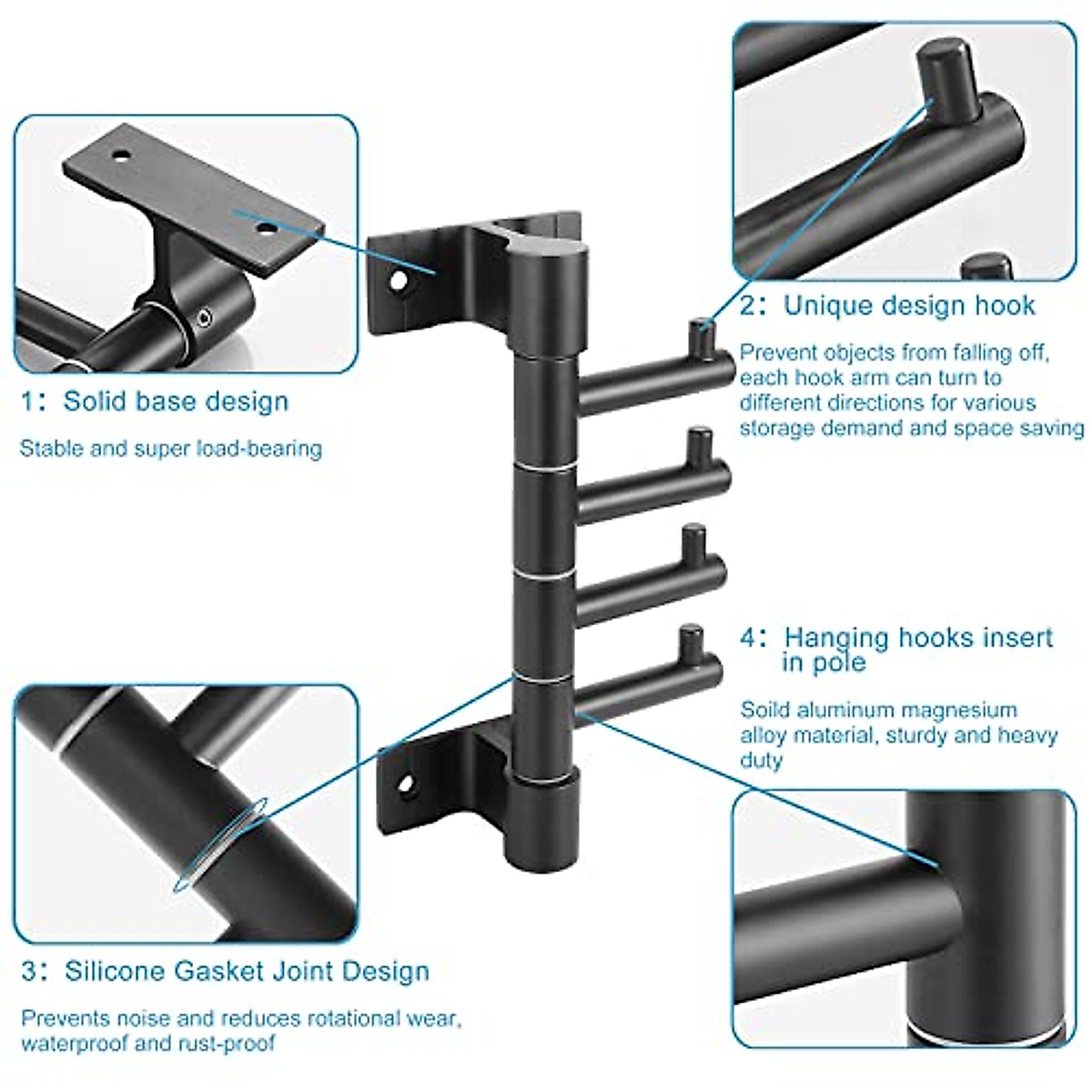 Rotating Coat Hooks for Hanging with 4 Swivel Arms,Multiple Bathroom Wall Mounted Towel Hooks,Heavy Duty Wall Clothes Hooks,Wall Coat Rack Hat Hooks,Shower Sponges Bathrobe Key Holder Hanger (Black)