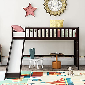 Twin Loft Bed with Slide Rails Frame Wood for Junior Kids Slat Support, No Box Spring Needed