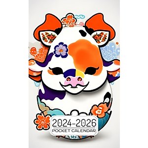 Pocket Calendar 2024-2026: Two-Year Monthly Planner for Purse , 36 Months from January 2024 to December 2026 | Detailed cow head print | Ukiyo-e style | Cute and quirky fantasy art