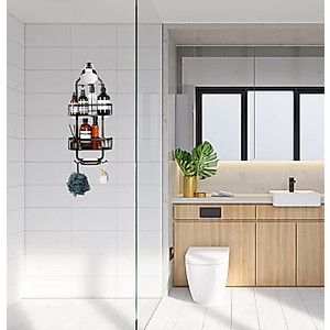 GAKEIHOO Hanging Shower Caddy, Non Drilling Shower Caddy Over Shower Head with Hooks for Razor and Sponge, Rustproof Shower Racks for Inside Shower for Bathroom & Shower Room(Black)