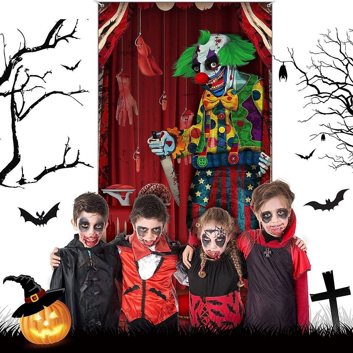 Halloween Decorations Large Evil Clown Door Cover Fabric Halloween Door Banner Backdrop Background Clown Theme Front Door Cover for Halloween Party Haunted House Photo Props Supplies, 70.9 x 35.4 Inch