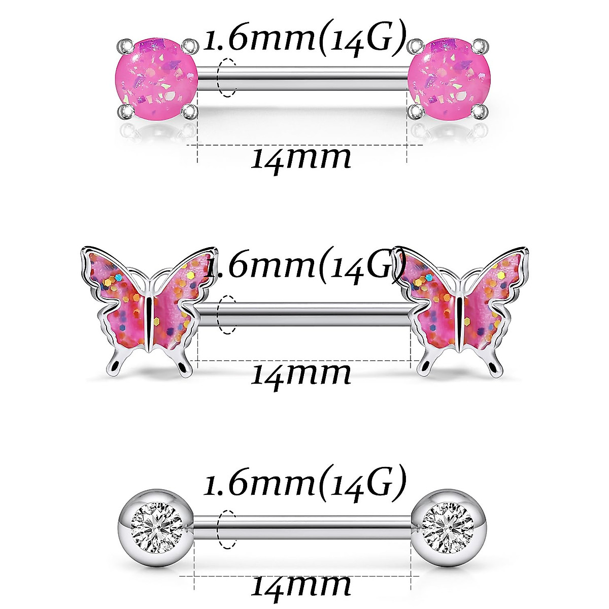 Vsnnsns 14G Nipple Rings for Women Stainless Steel Butterfly Nipple Rings Opal Nipple Piercing Jewelry Straight bar Nipple Rings Surgical Steel Nipple Jewelry Barbell Body Piercing Jewelry Pink