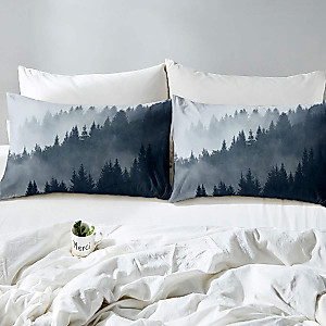 Erosebridal Smoky Mountain Duvet Cover Grey Tree Bedding Set Queen Size for Kids Boys Teens Branches Plant Mountain Comforter Cover Coniferous Natural Bedspread Cover with Zipper Bedclothes