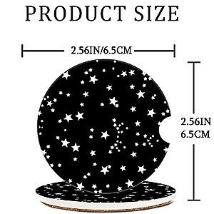 2 Packs Car Coasters Ceramic Cute Car Drinks Coasters for Cup Holders with Cork Back, Fingertip Grip, Drink Car Cup Holder Coasters for Women Men Car Protection 2.56" (Black Stars)