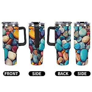 LLUTSNTH 40 Oz Vacuum Tumbler with Black Handle Leakproof Insulated Tumbler Colored Stones Stainless Steel Travel Mug with Lid And Straw Coffee Cup Cute Water Bottles Cup Holder Friendly