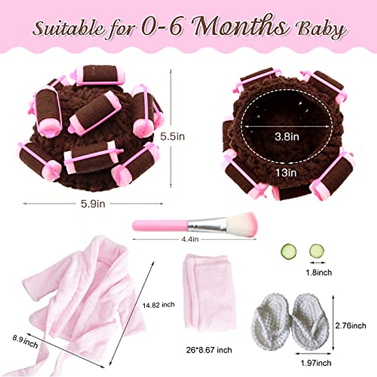SPOKKI Newborn Photography Props 7 PCS Newborn Girl Photoshoot Outfits Babies Robe Props with Bath Towel Slippers Cucumber Curler Hat Makeup Brush for Infant Boys Girls